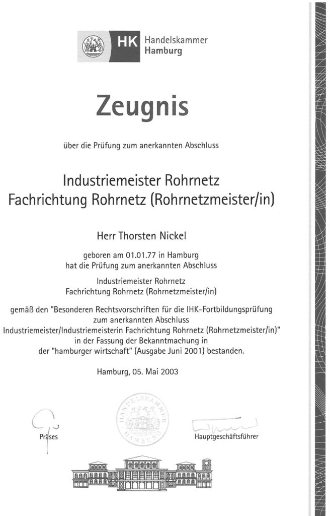 Zeugnis Indistriemeister Rohrnetz – Thorsten Nickel Rohrleitungsbau GmbH